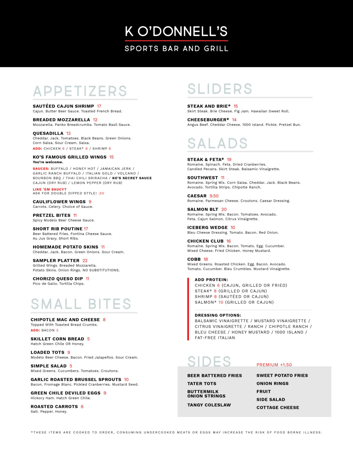 Restaurant Menu | K O'Donnell's Sports Bar & Grill