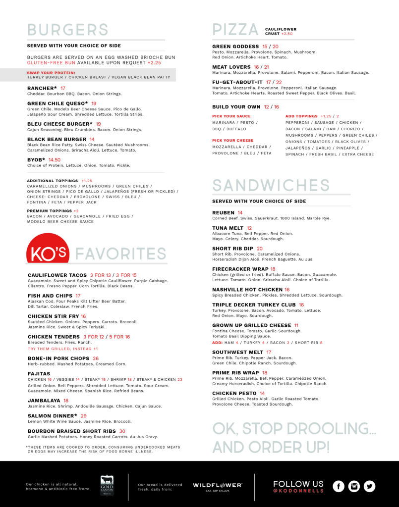 Restaurant Menu | K O'Donnell's Sports Bar & Grill